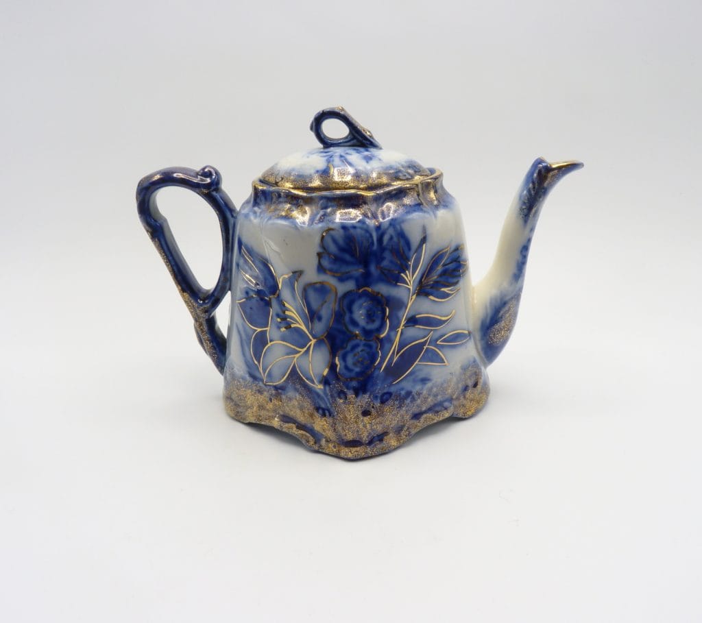 Flow Blue & Gold Shaped Teapot - Jackie's Antique Showcase