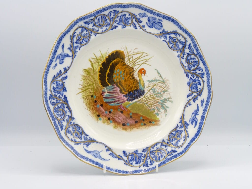 Flow Blue Polychrome Hand Painted Turkey Plates - Jackie's Antique Showcase