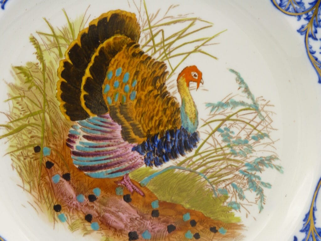 Flow Blue Polychrome Hand Painted Turkey Plates - Jackie's Antique Showcase