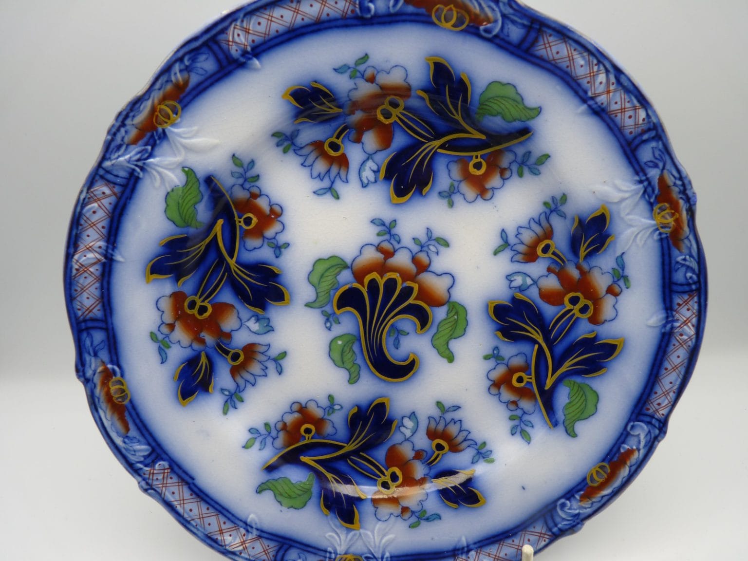 2 Stunning Flow Blue & Polychrome Plates - Jackie's Antique Showcase