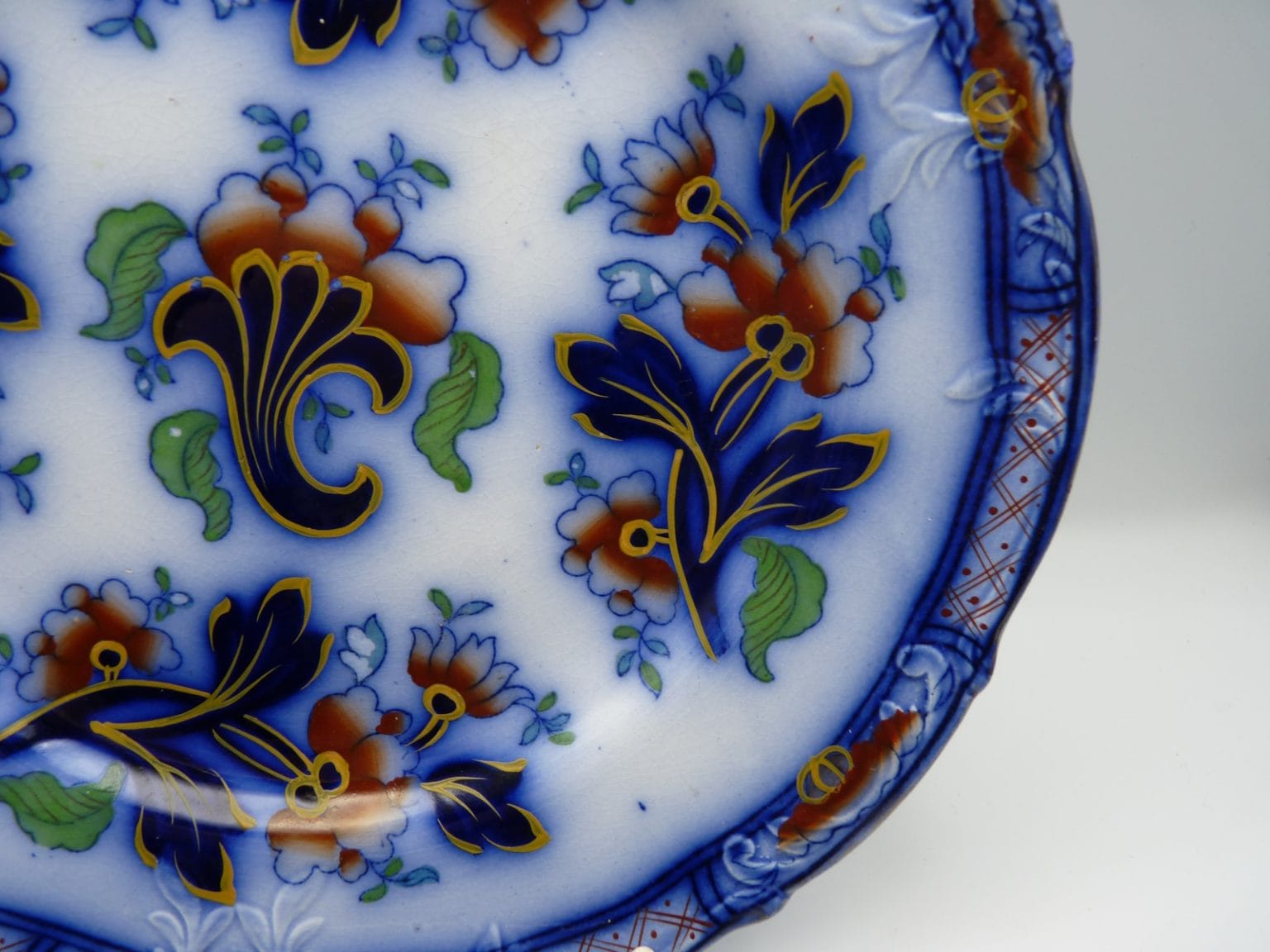 2 Stunning Flow Blue & Polychrome Plates - Jackie's Antique Showcase