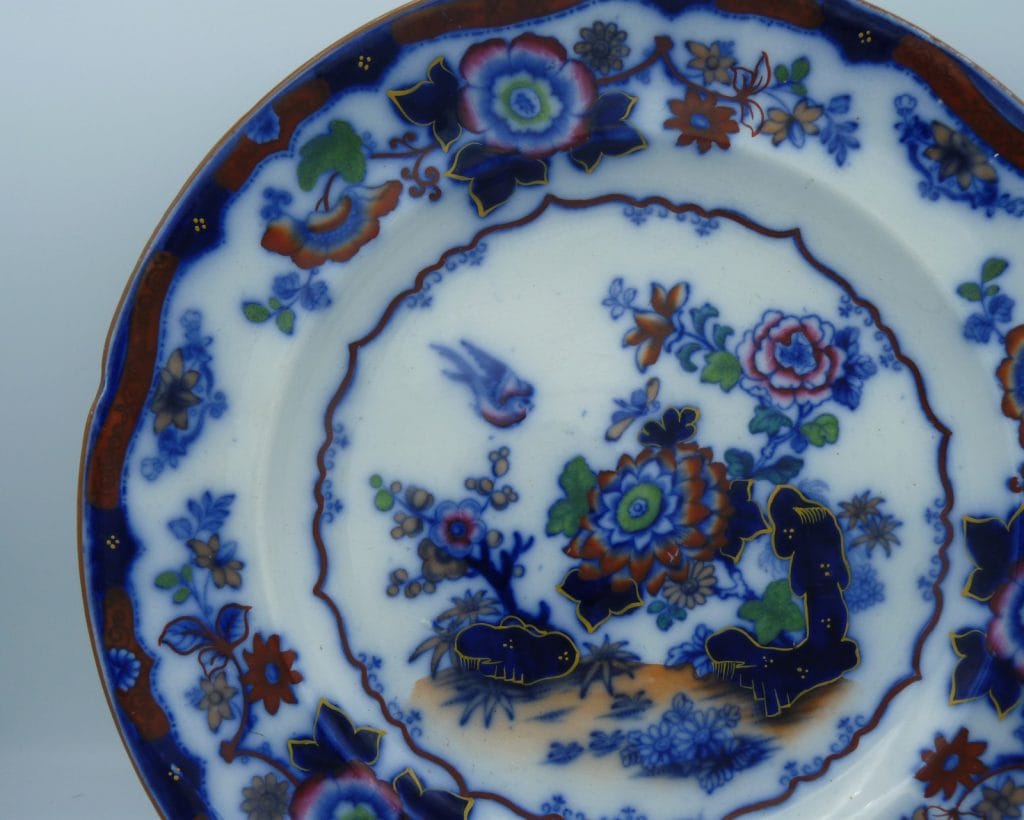 Beautiful Flow Blue & Polychrome Early Plate - Jackie's Antique Showcase
